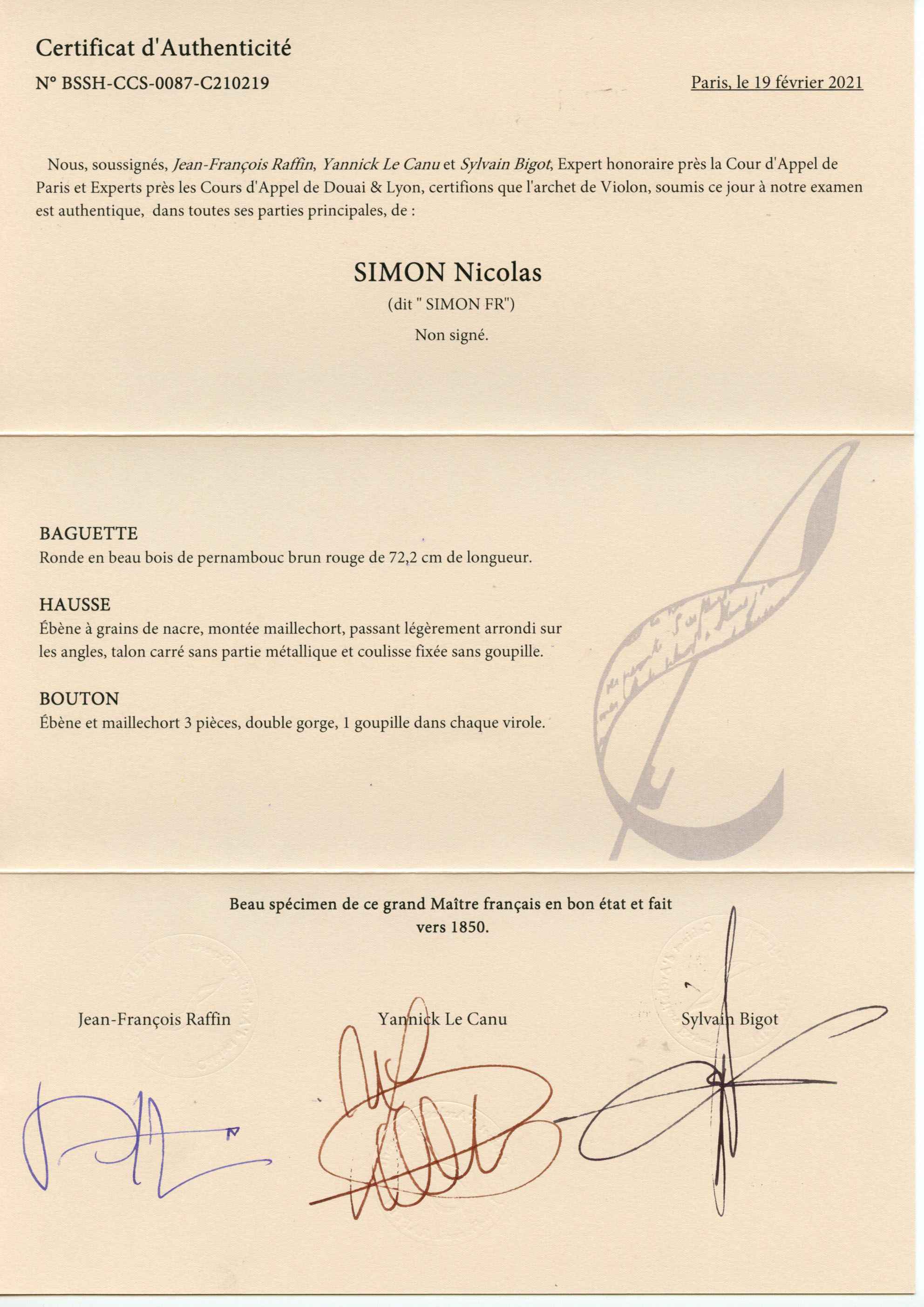 Nicolas Simon (“Simon FR”), French violin bow c.1850