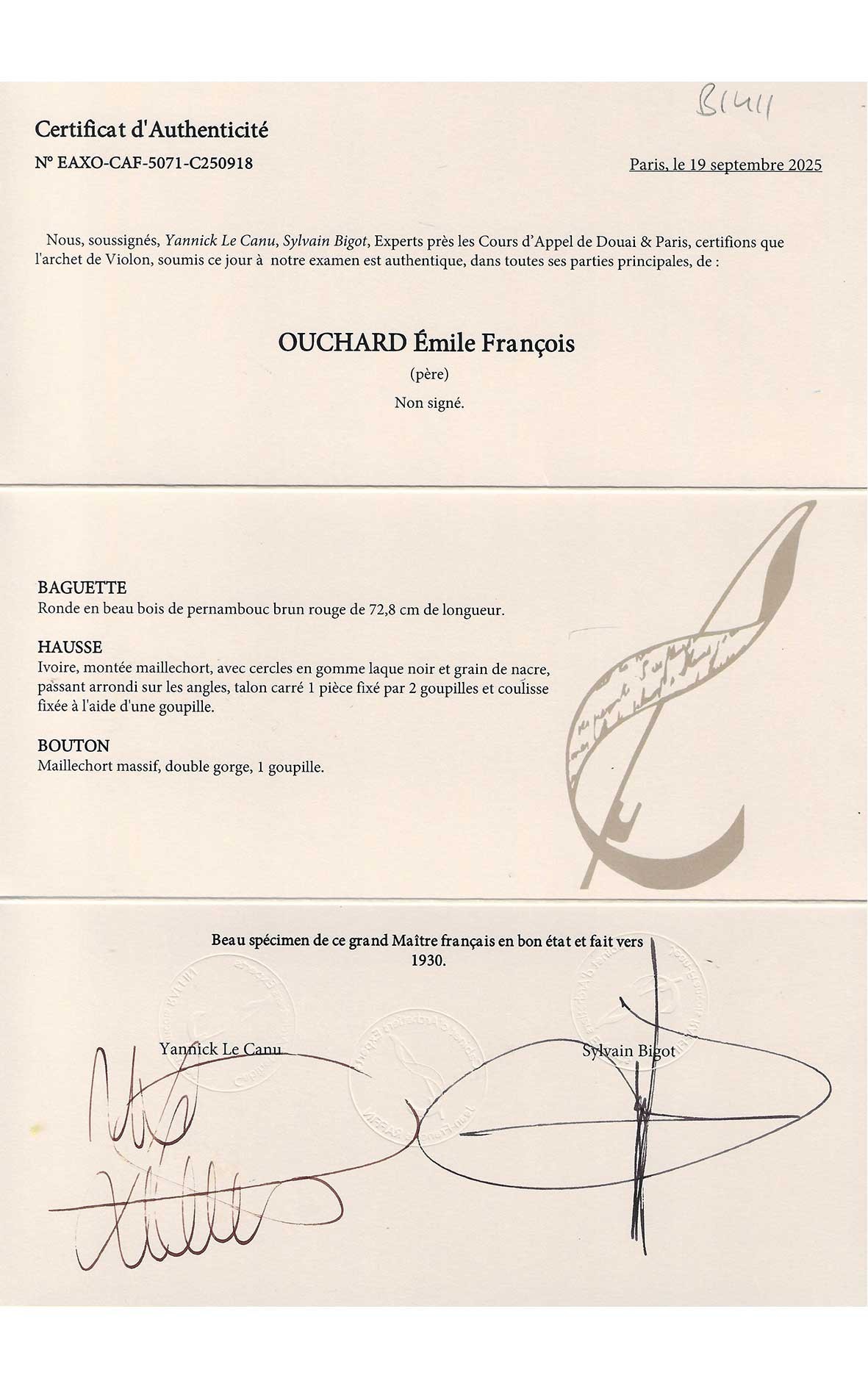 Émile François Ouchard Père, French violin bow (certificate by J.-F ...