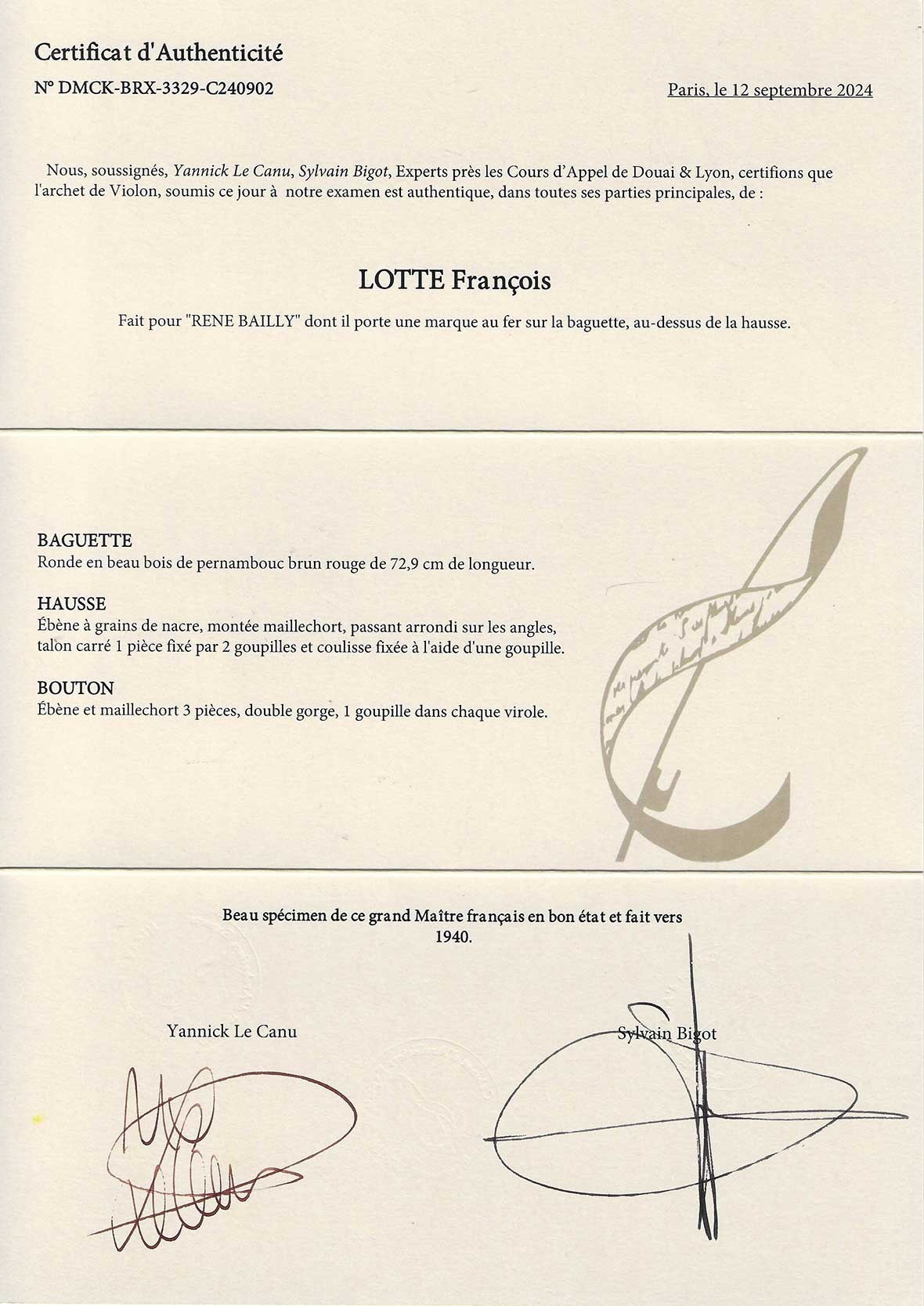 François Lotte violin bow, for René Bailly (certificate J.-F. Raffin)