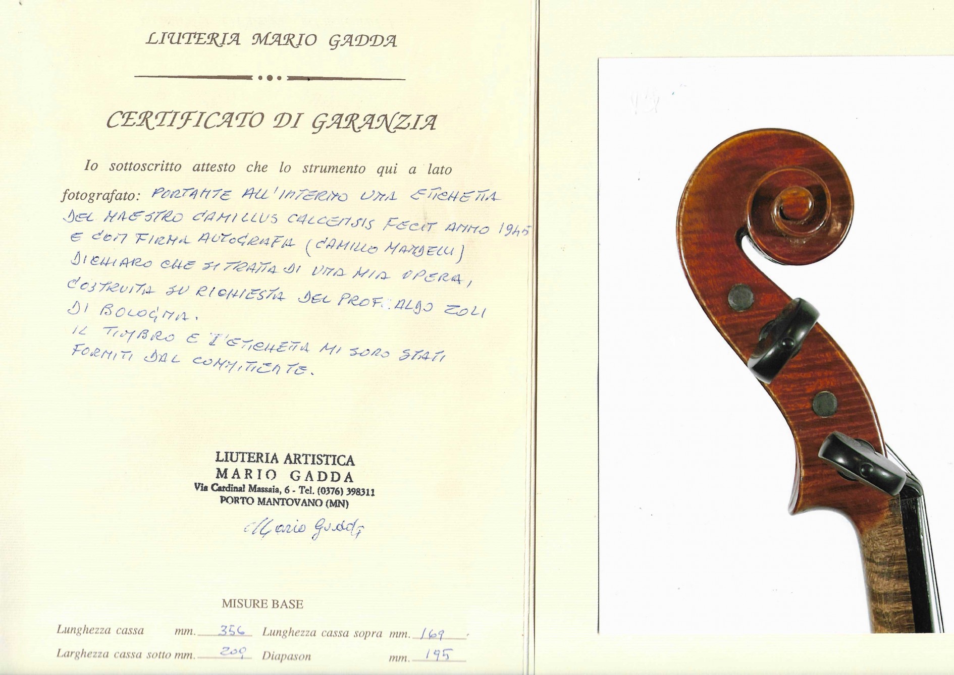 Mario Gadda, Italian violin, Mantova 1980's (certificate Mario Gadda)