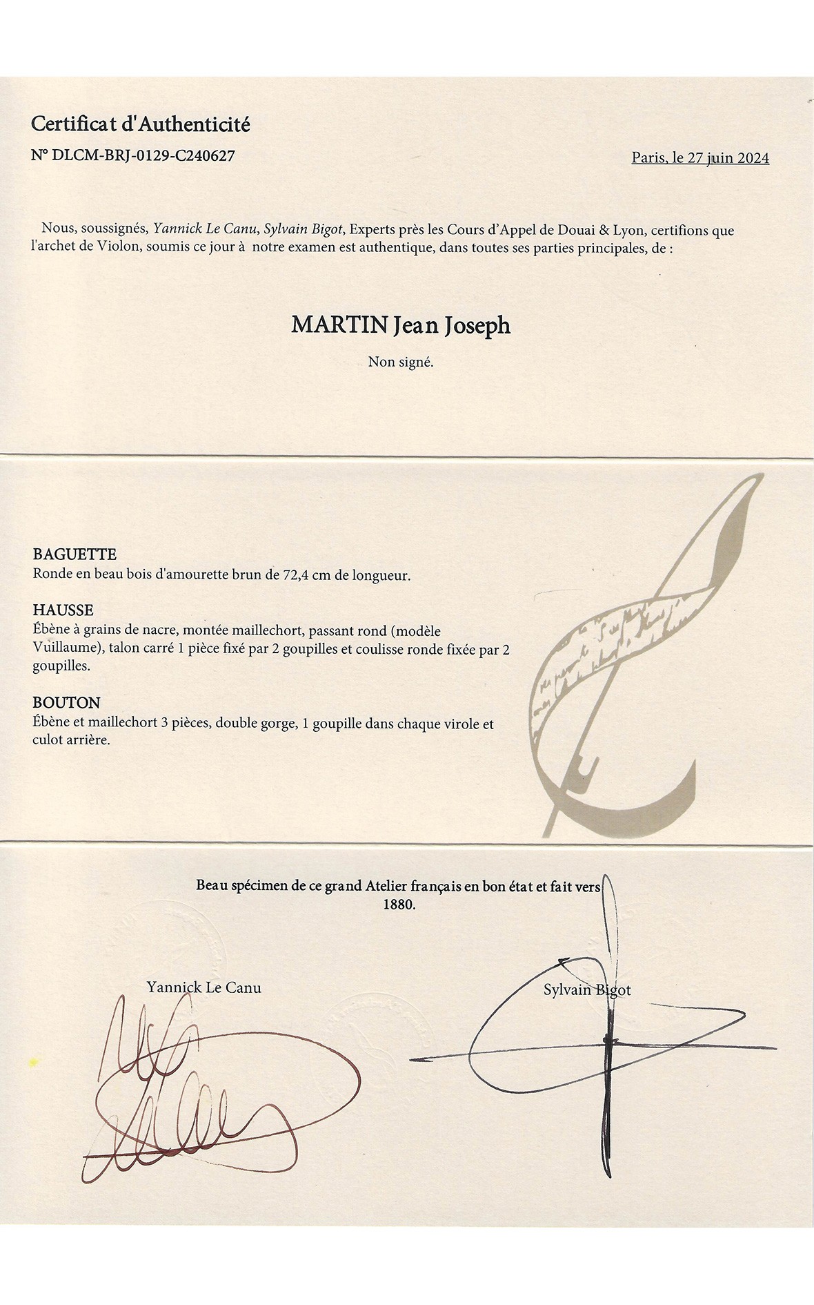 Jean-Joseph Martin, fino arco de violín francés hacia 1880 (certificado ...