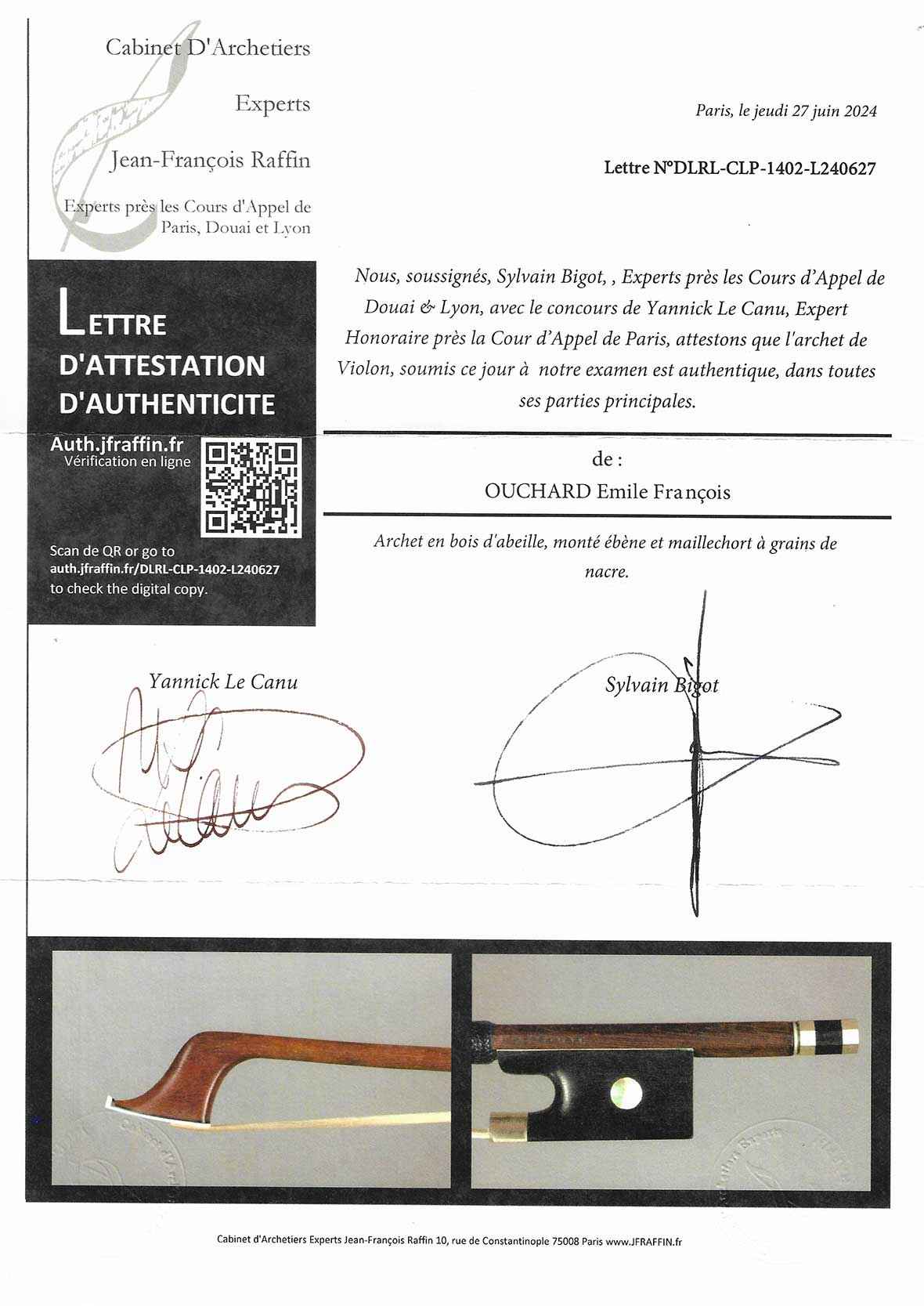Émile François Ouchard Père, French violin bow (certificate by J.-F ...
