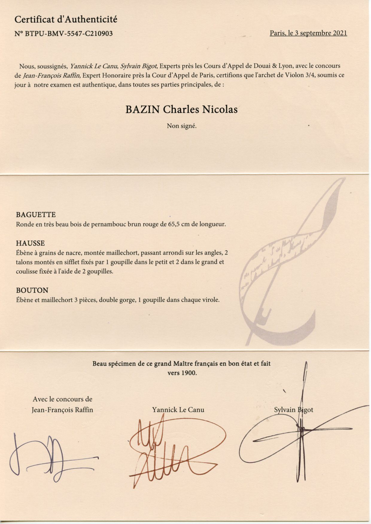 Charles Nicolas Bazin. Fine French 3/4 violin bow around 1900 ...