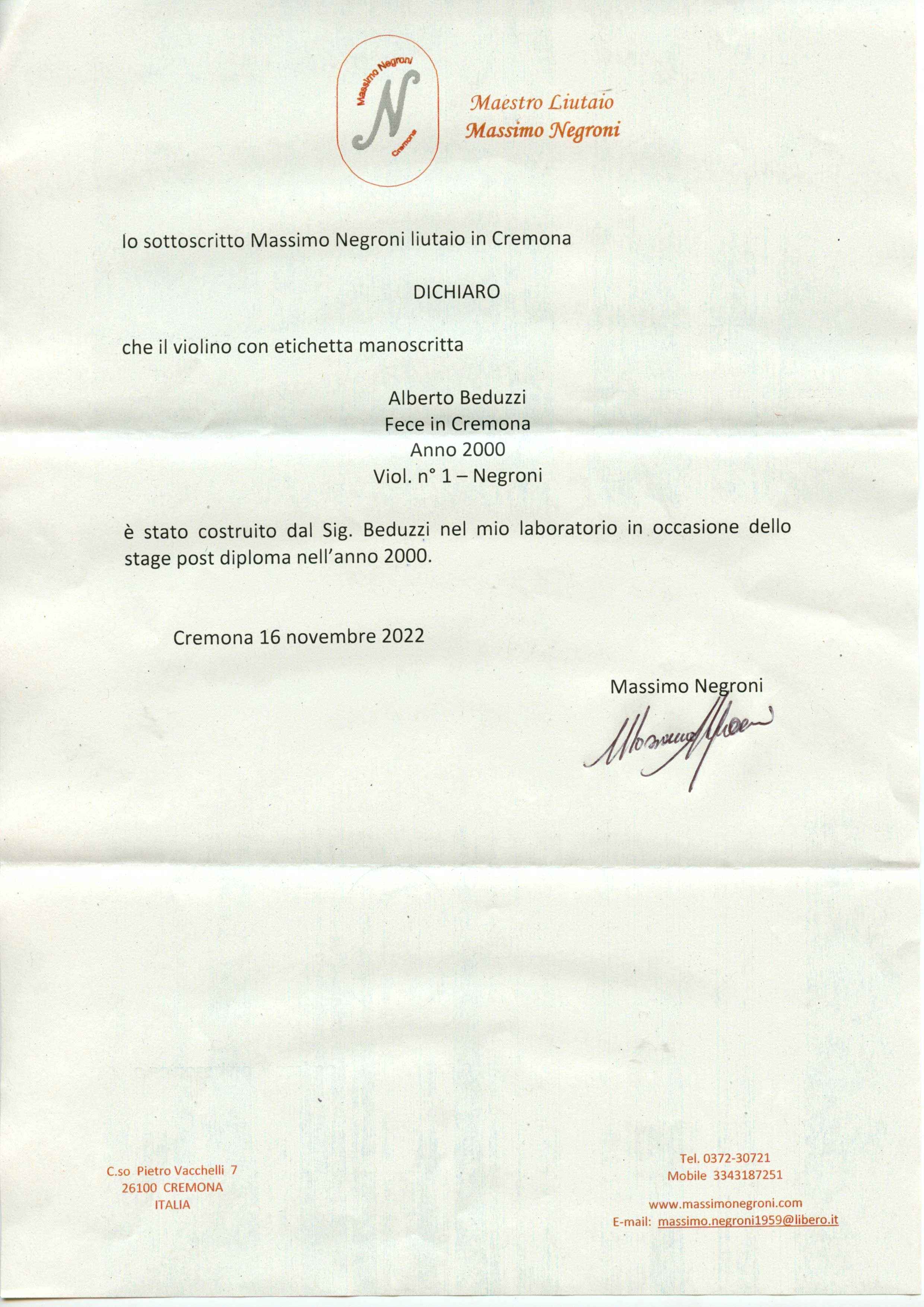 Massimo Negroni workshop: excellent Cremona violin anno 2000
