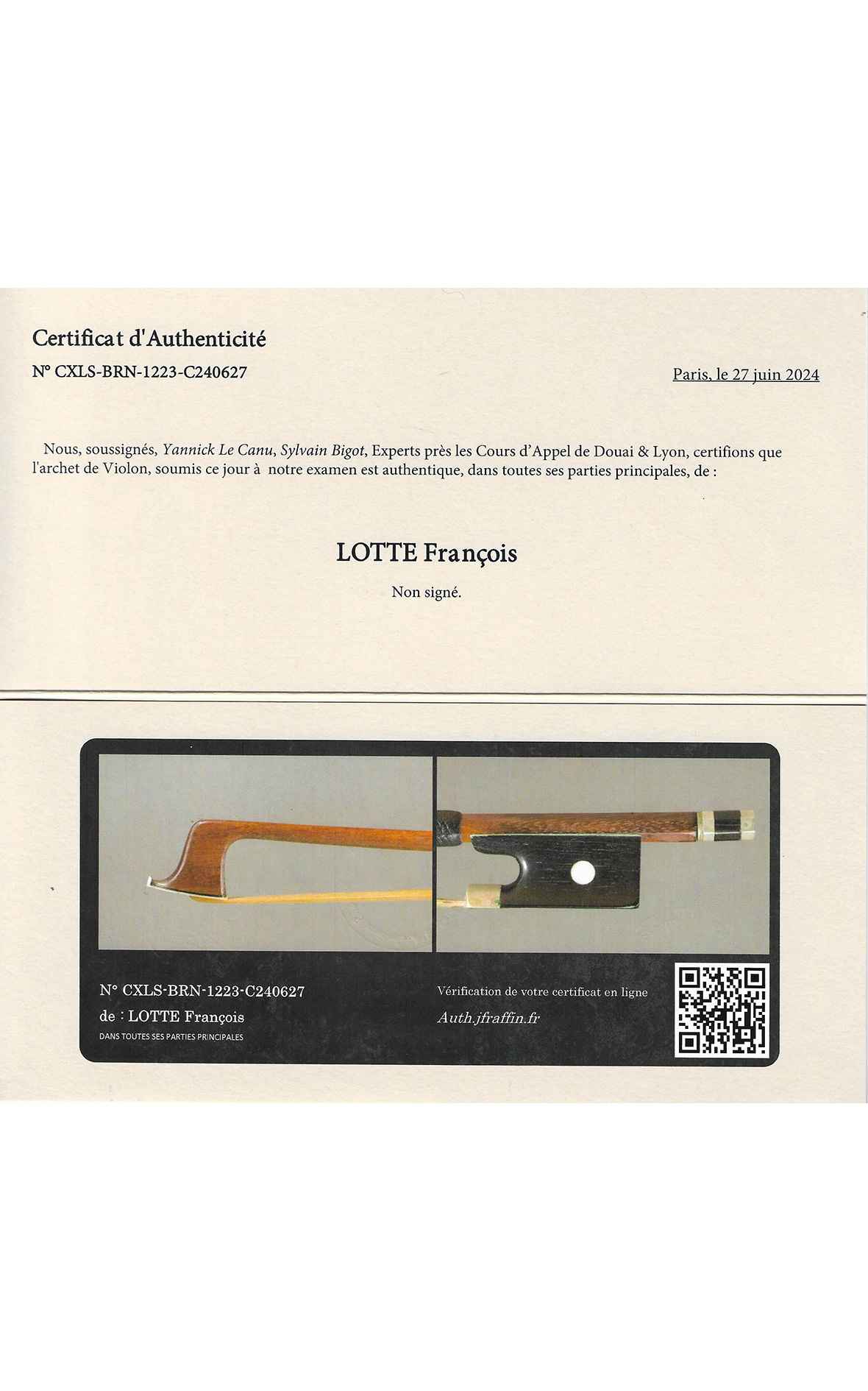 François Lotte: French violin bow, circa 1930 (certificate J.-F. Raffin)