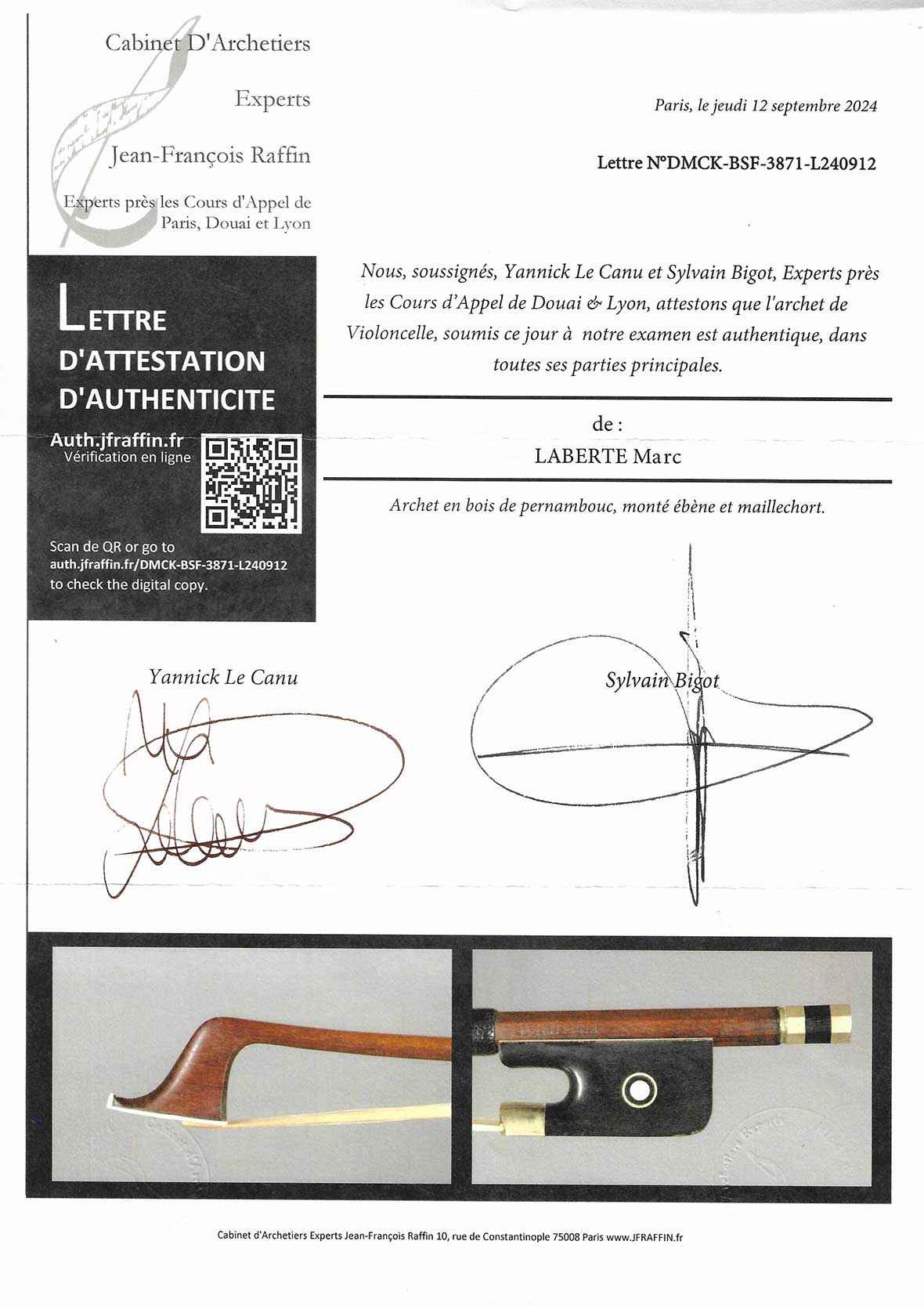 Marc Laberte, lightweight French cello bow (J.-F. Raffin certificate)