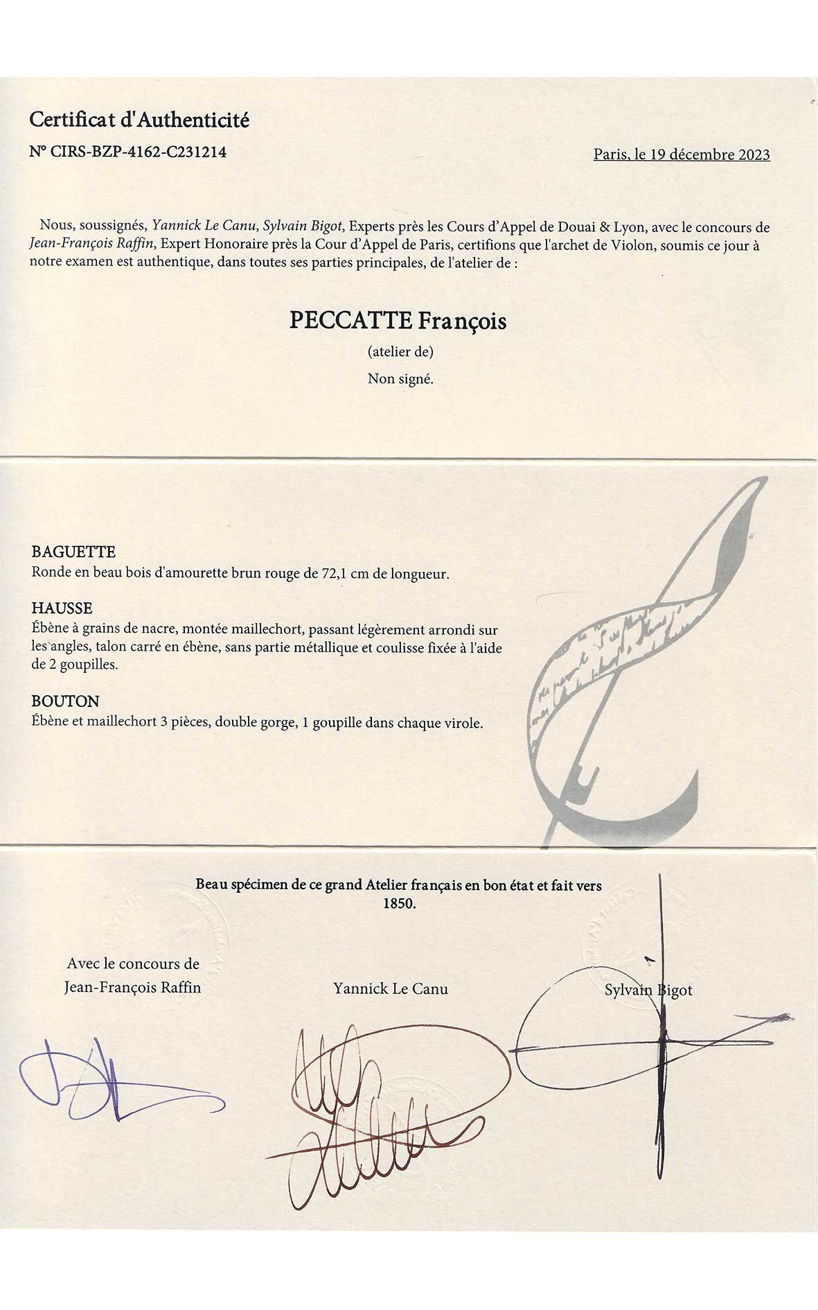 François Peccatte (atelier), French violin bow / viola bow, circa 1850 ...