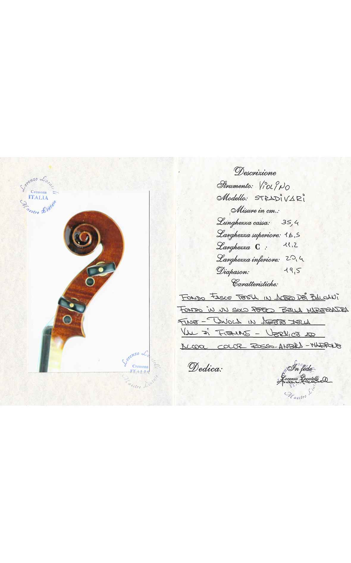 Lorenzo Locatelli, Cremona violin 2024 (certificate Lorenzo Locatelli)