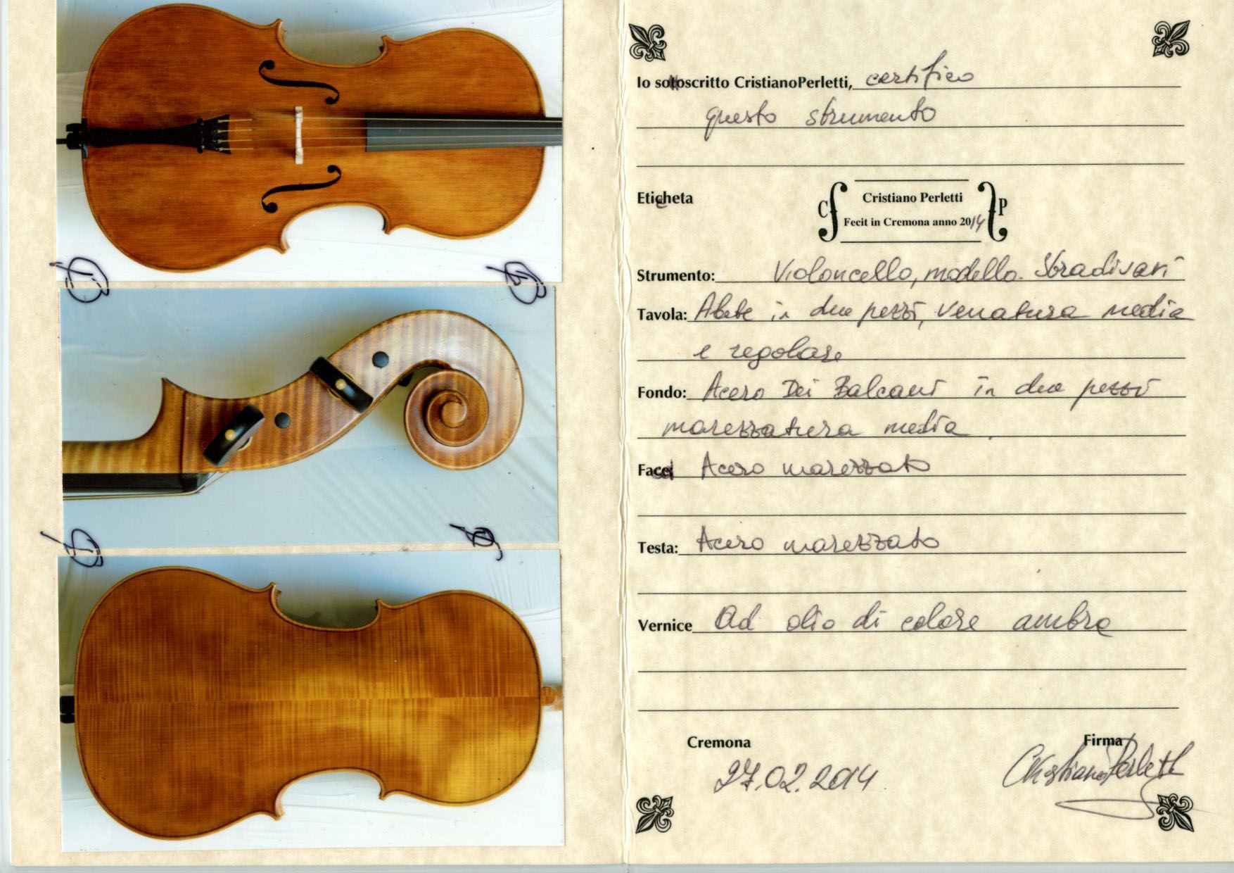 Fine Italian cello by Cristiano Perletti, Cremona, 2014