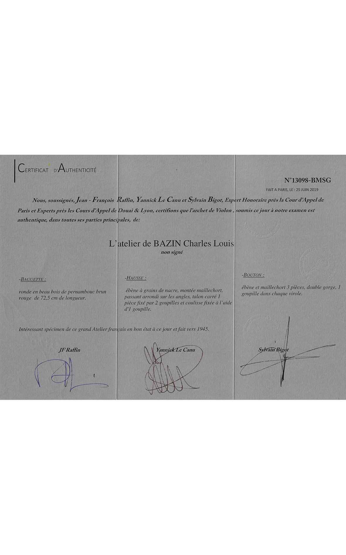 Atelier Charles Louis Bazin, French violin bow (certificate J.-F. Raffin)