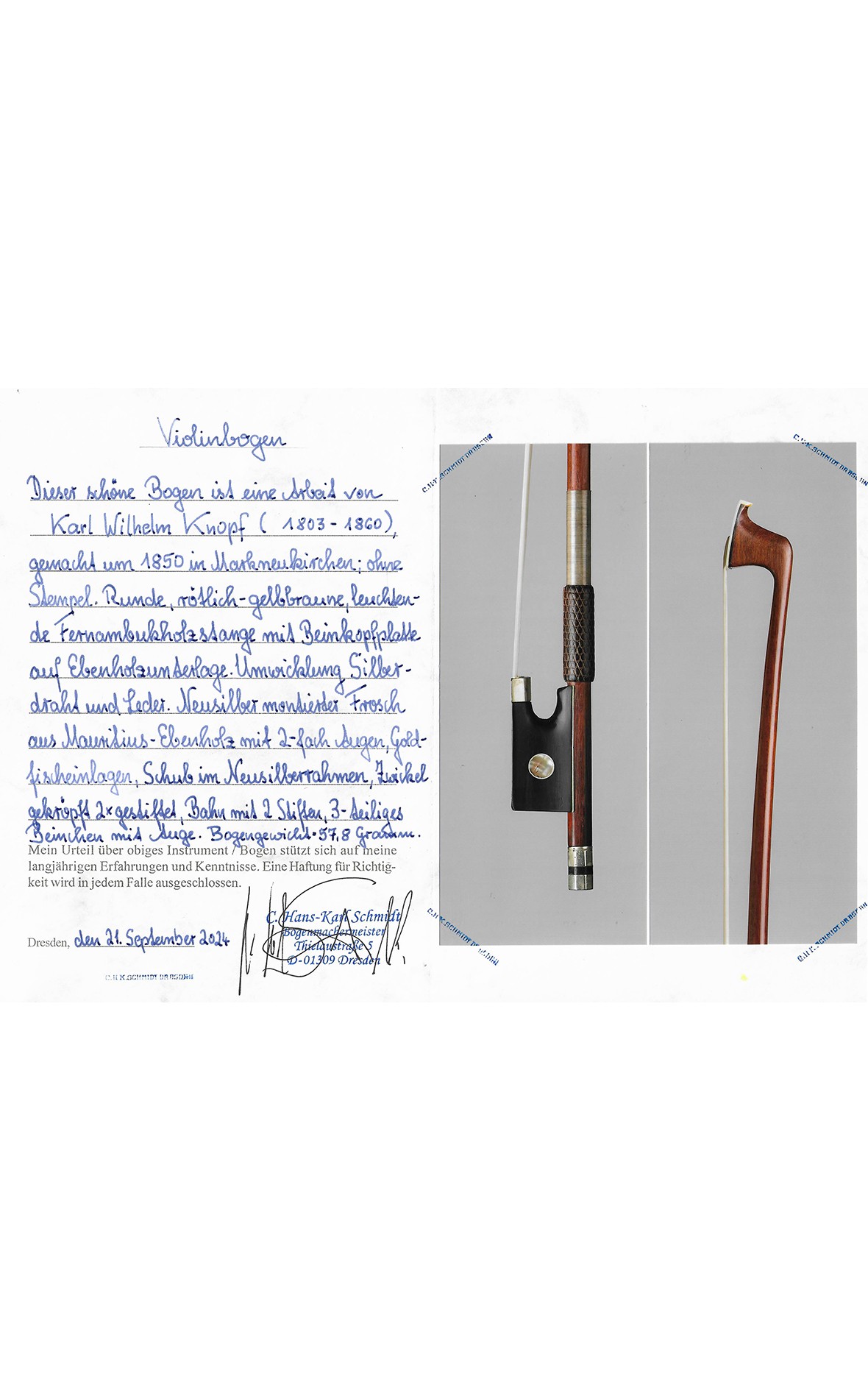 Karl Wilhelm Knopf violin bow, around 1850 (certificate Hans-Karl Schmidt)