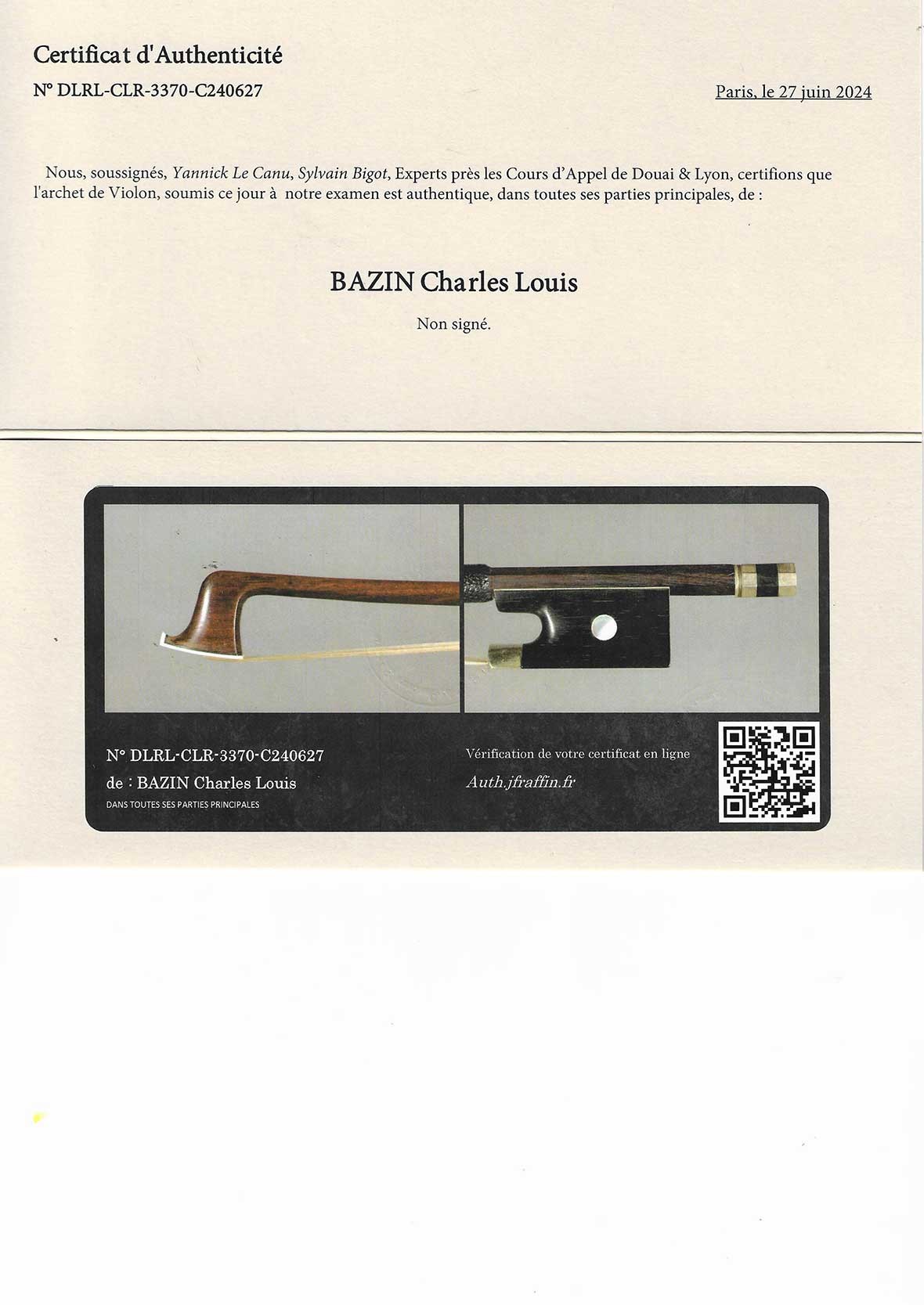 Charles Louis Bazin, French violin bow c.1930 (certificate J.-F. Raffin)