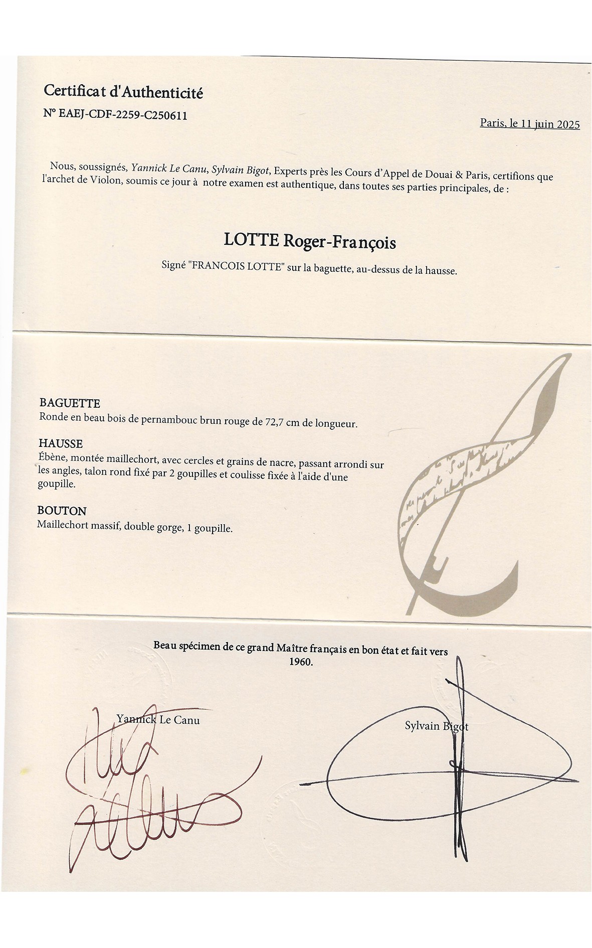 François Lotte violin bow, powerful, circa 1960 (certificate by J.-F ...