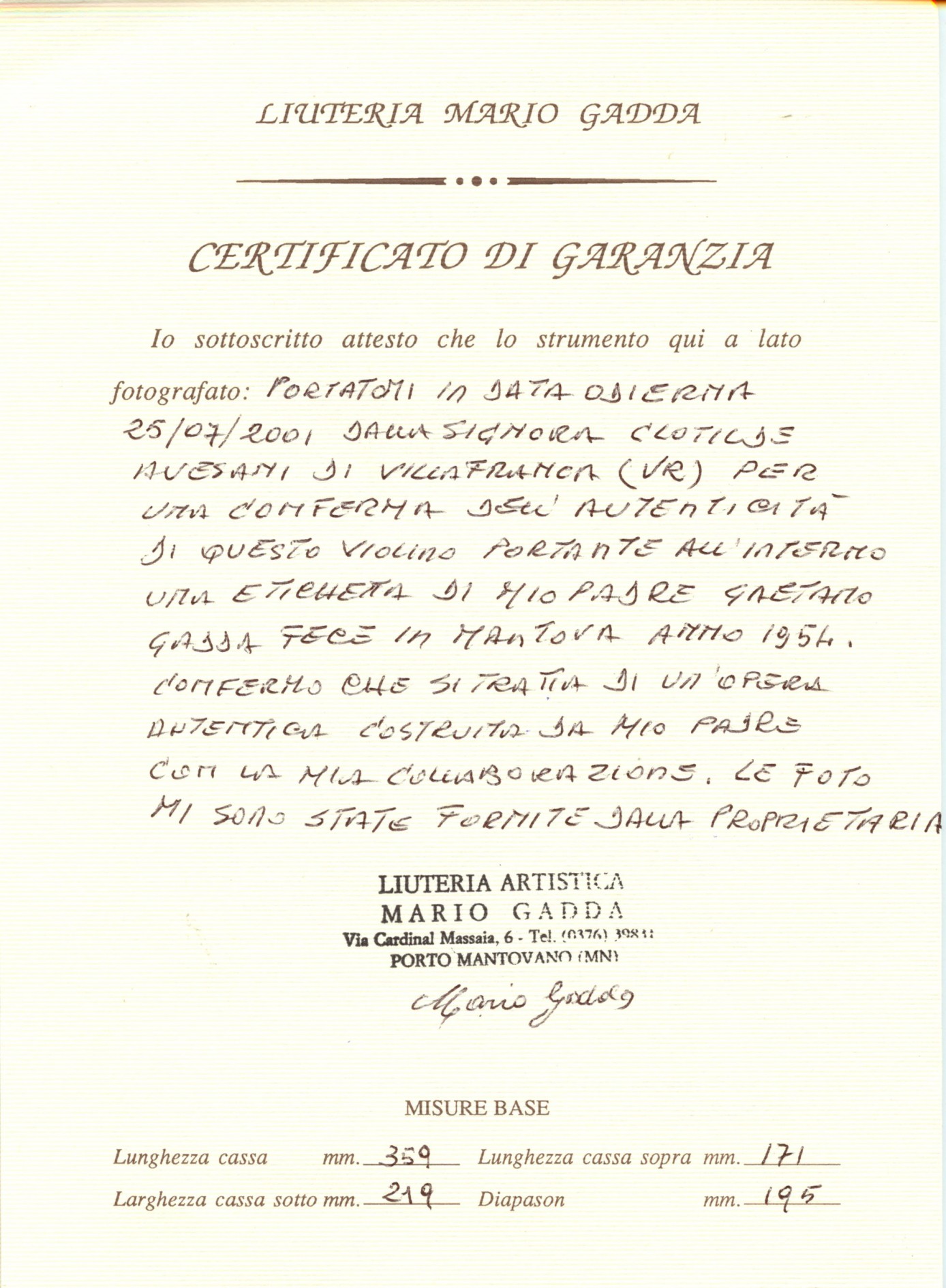 Italian violin by Mario Gadda & Gaetano Gadda, 1954